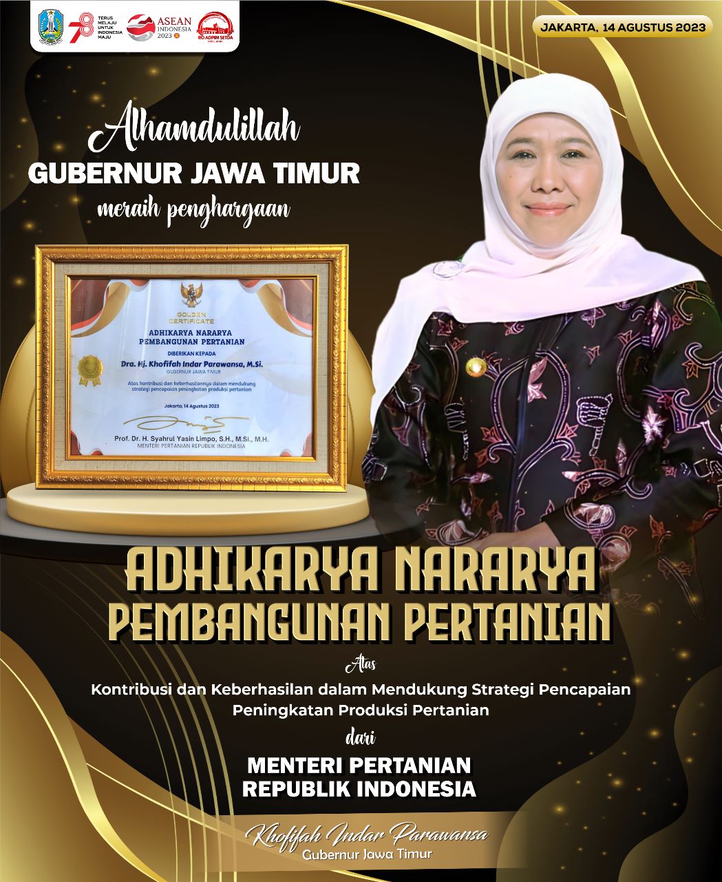 Gubernur Khofifah Raih Penghargaan Adhikarya Nararya Pembangunan Pertanian - TIMES Indonesia